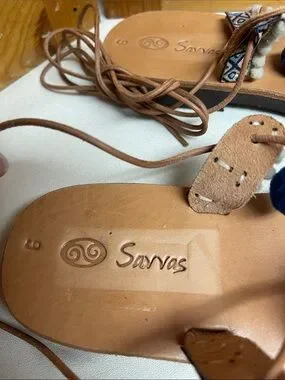 Savvas | Shoes | Boho Pompom Laceup Sandals In Tan And Blue | Poshmark